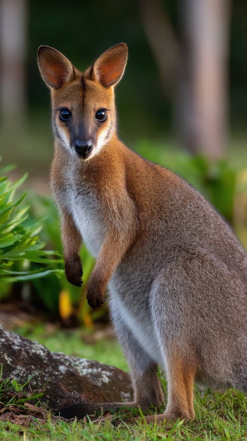 Cute Wallaby Standing Upright in a Grassy Field, Looking Directly at ...