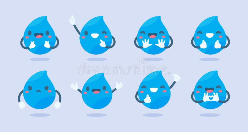 Cute Water Drop Cartoon Characters in Various Poses Providing Knowledge ...