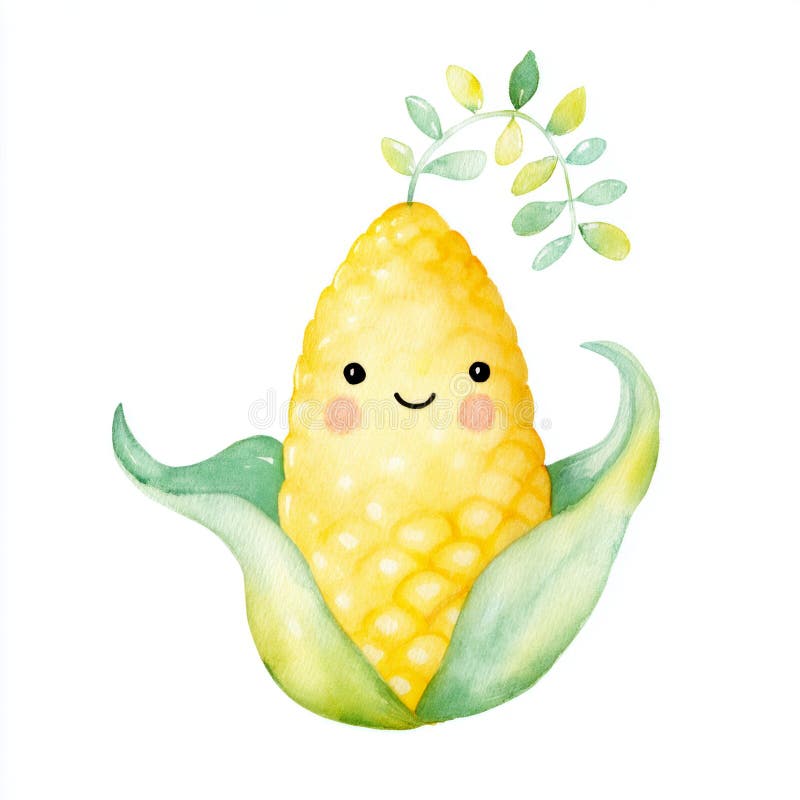 Cute Watercolor Corn Character with Smiling Face and Leaves Stock ...