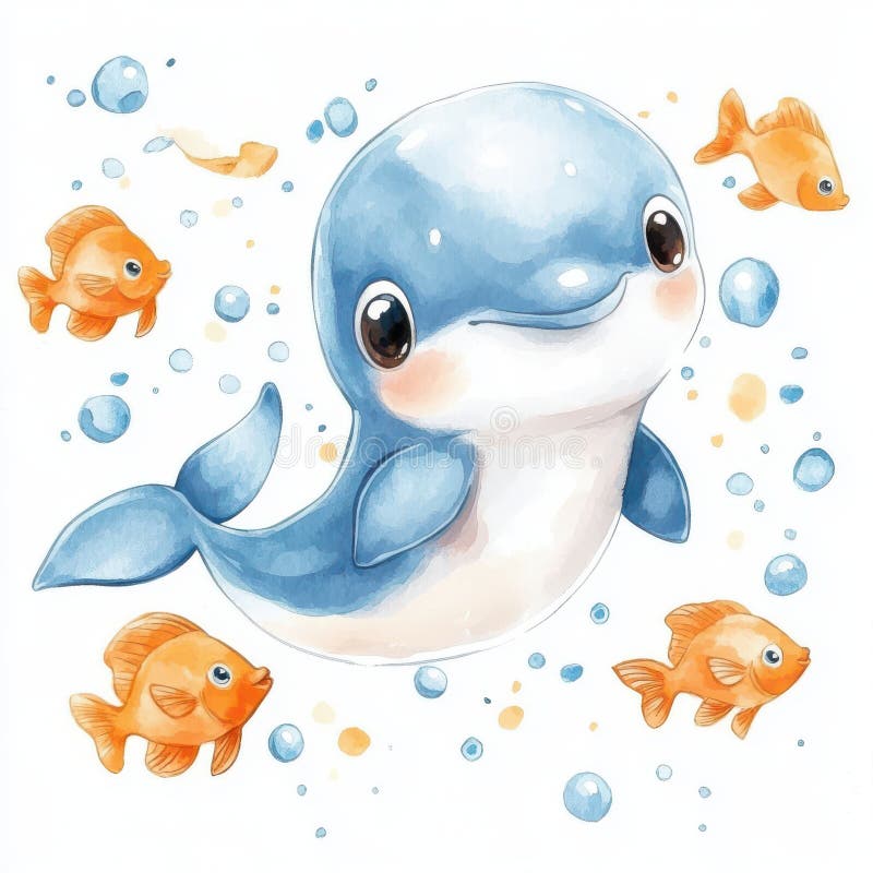 Cute Watercolor Dolphin Swimming with Orange Fish and Bubbles Stock ...