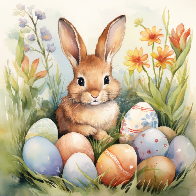 Cute Watercolor Easter Bunny. Illustration for Greeting Cards Stock ...
