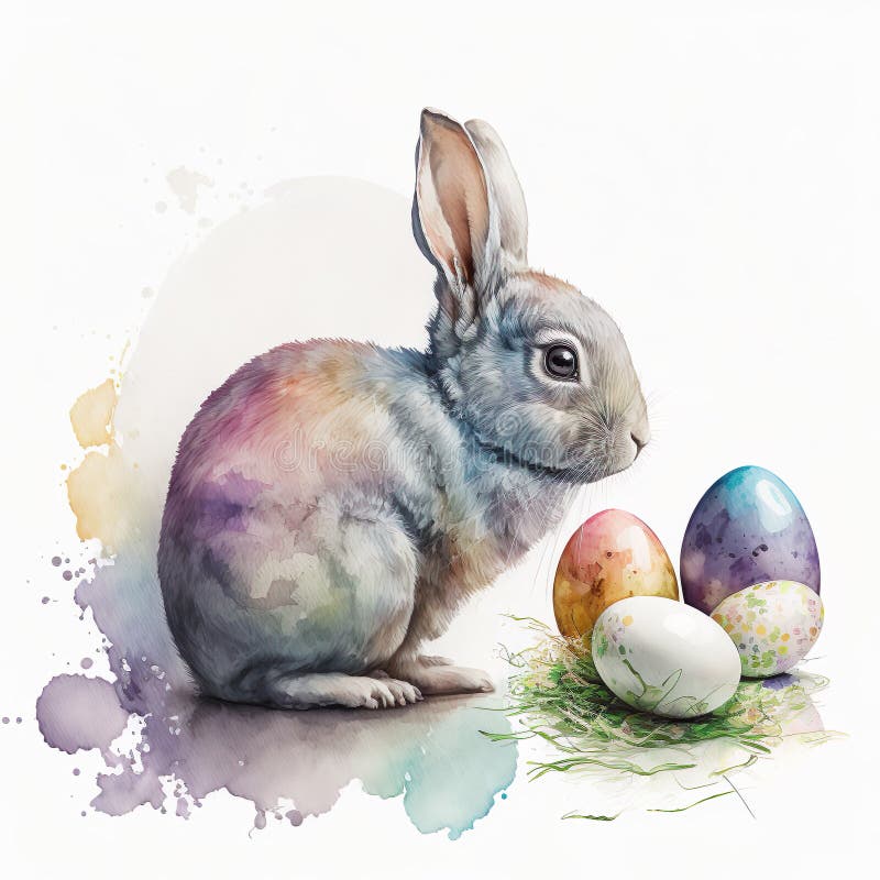 Cute Watercolor Easter Bunny Sits Near Eggs. White Background Stock ...