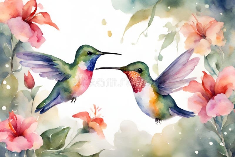 Cute Watercolor Hummingbirds in Romantic Mood Stock Illustration ...