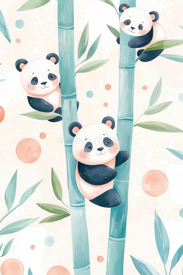 Cute Watercolor Illustration of Three Pandas Climbing Bamboo Stock ...