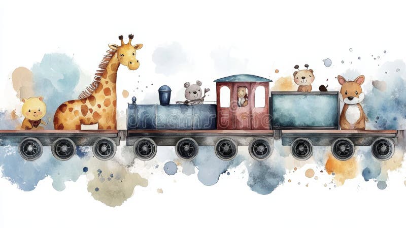 Cute Watercolor Illustration of a Train with Animal Passengers Stock ...