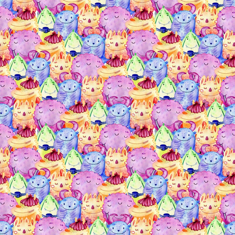 Cute Watercolor Monsters Stock Illustration Illustration Of Happy