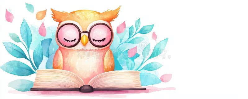 Cute Watercolor Owl Reading a Book with Flowers Stock Illustration ...