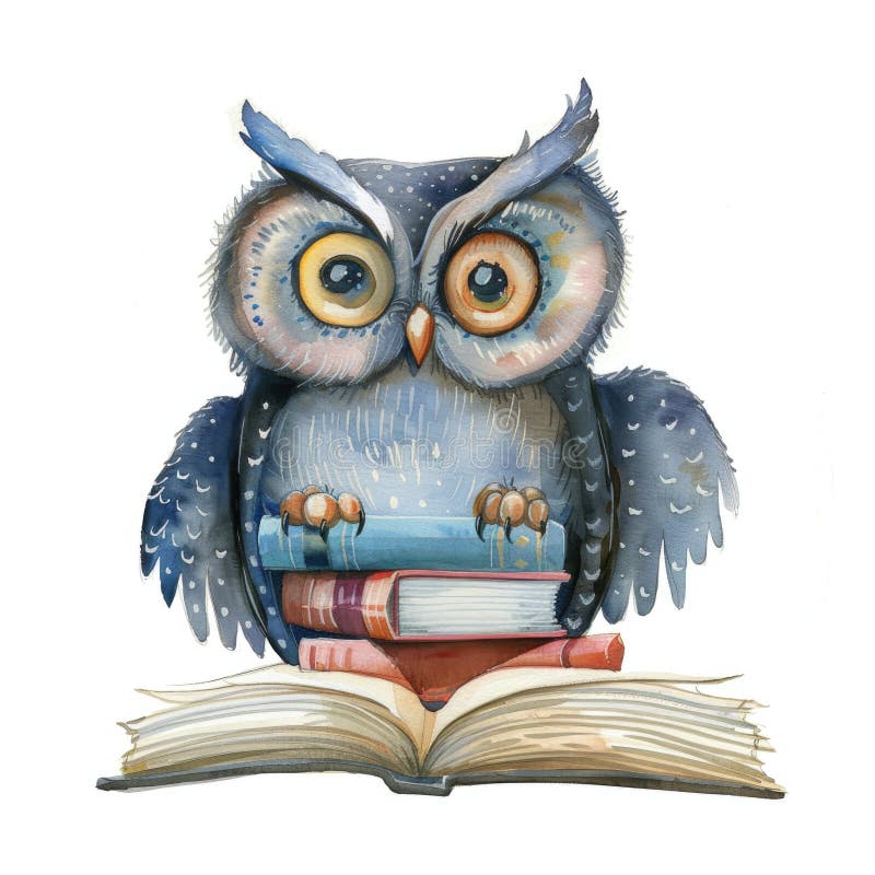 Cute Watercolor Owl on Stack of Vintage Books Stock Illustration ...