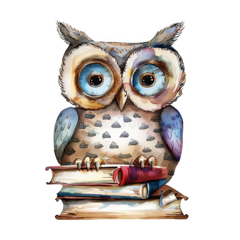 Cute Watercolor Owl on Stack of Vintage Books Stock Illustration ...