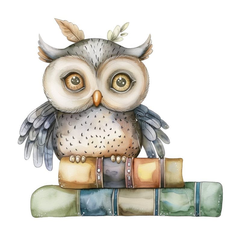 Cute Watercolor Owl on Stack of Vintage Books Stock Illustration ...
