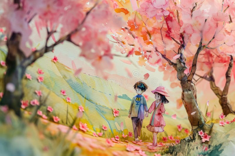 Cute Watercolor Paint of Love Couple on a Date in Spring Stock ...
