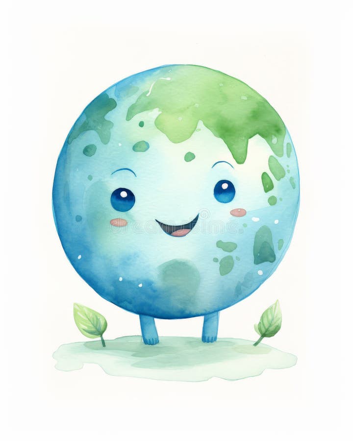 Cute Watercolor Painted Planet Character on White Background Stock ...
