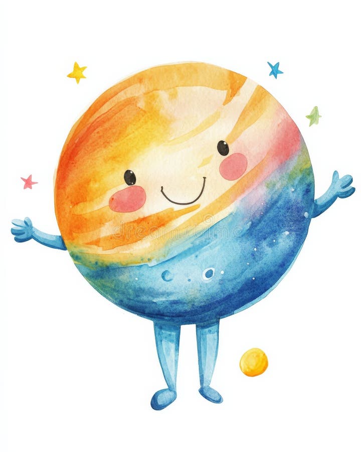 Cute Watercolor Painted Planet Character on White Background Stock ...