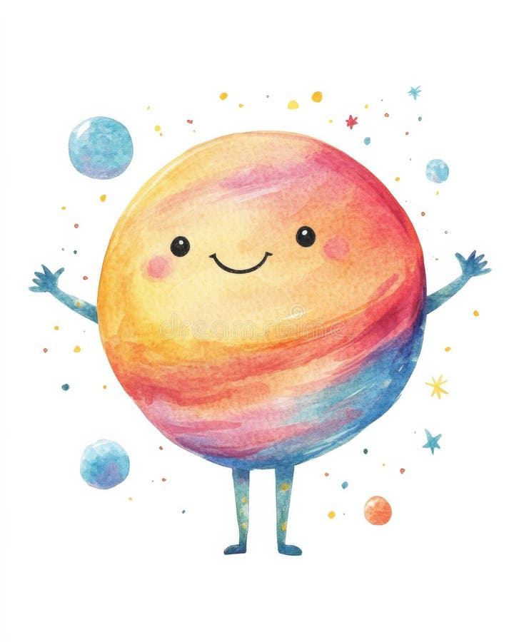 Cute Watercolor Painted Planet Character on White Background Stock ...