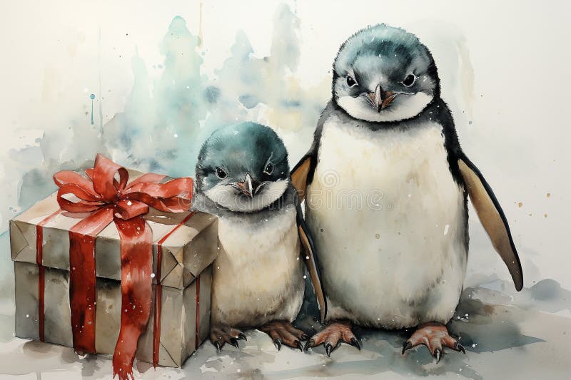 Cute Watercolor Penguins with Gift Boxes. Christmas Card. Stock Photo ...