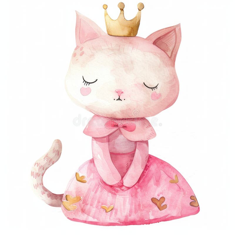 Cute Watercolor Princess Cat Isolated on White Stock Illustration ...
