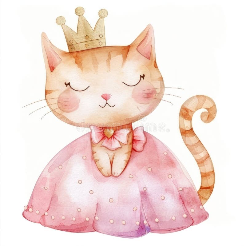 Cute Watercolor Princess Cat Isolated on White Stock Photo - Image of ...