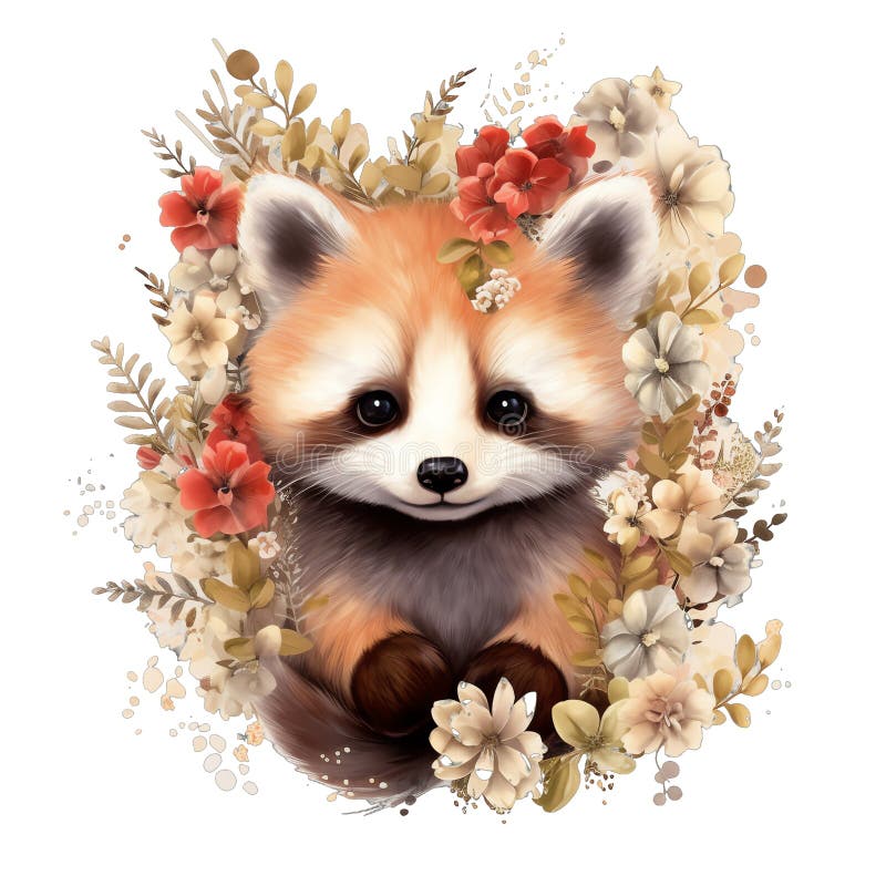 Cute Watercolor Red Panda with Flowers and Boho Plants Illustration ...