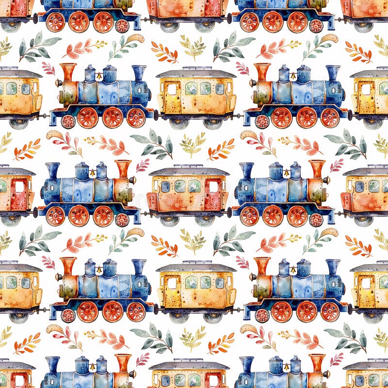 Cute Watercolor Seamless Pattern Background with Trains Stock Image ...