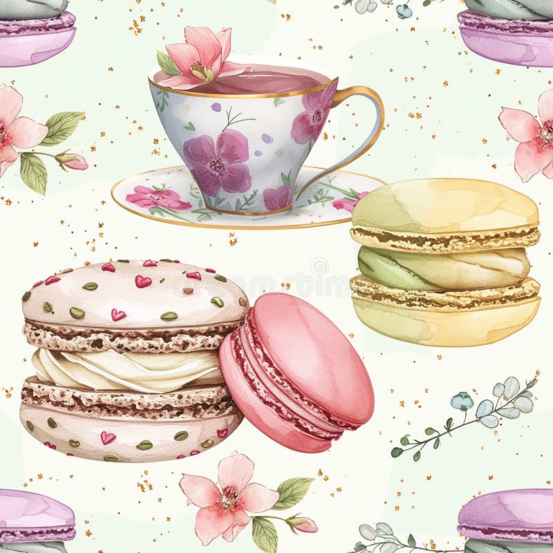Cute Watercolor Seamless Pattern with Macarons and Flowers Stock Illustration - Illustration of ...