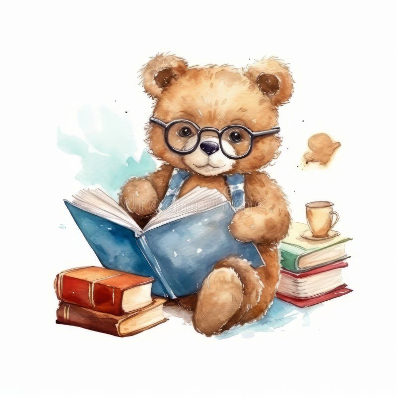 Watercolor Teddy Bear Sitting Reading A Book On White Background Stock