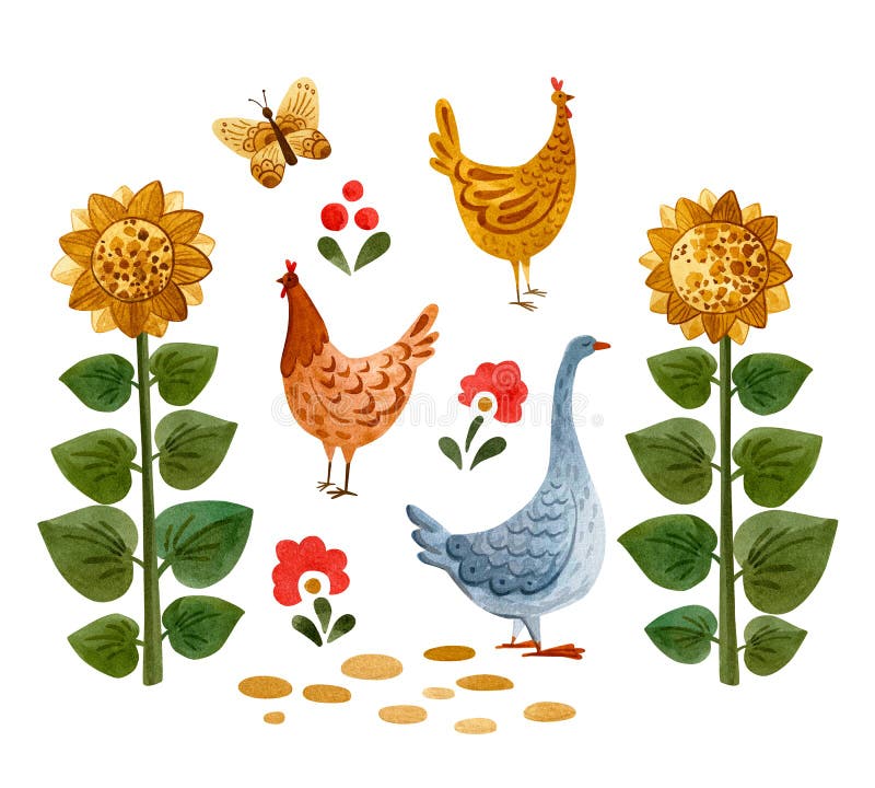 Cute Watercolour Composition with Folklore Elements. Isolated on White ...