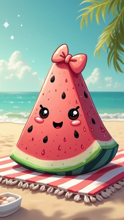 Cute Watermelon Cartoon Character on Tropical Beach with Bow and ...