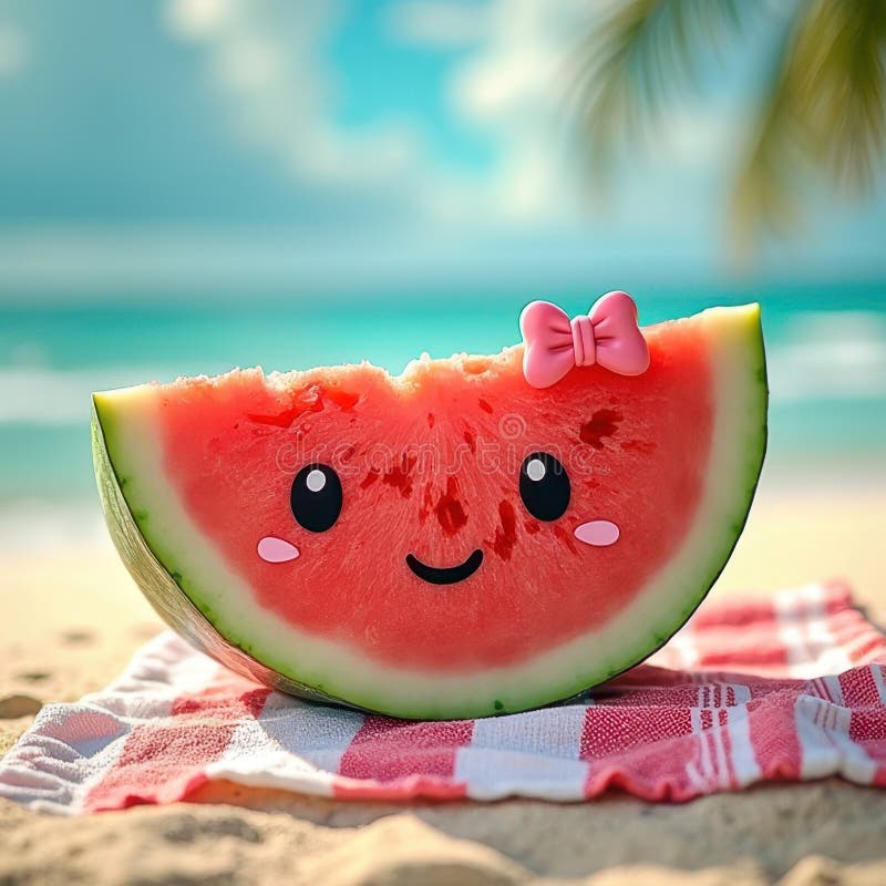 Cute Watermelon Slice with Face and Bow on Beach Blanket by Ocean Stock ...