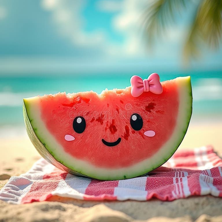Cute Watermelon Slice with Face and Bow on Beach Blanket by Ocean Stock ...