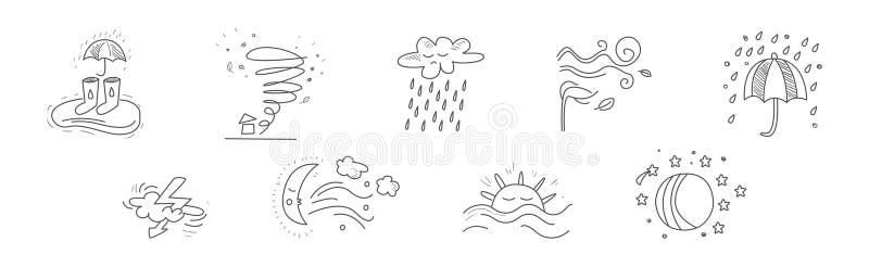 Cute Weather Line Object and Doodle Drawn Element Vector Set Stock ...