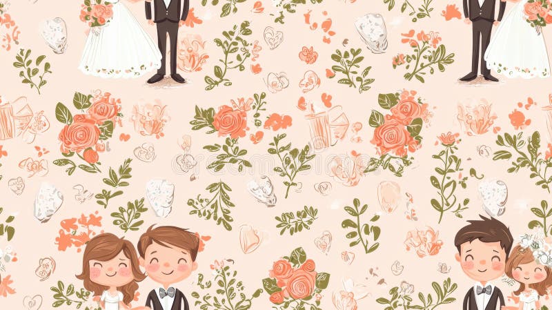 Cute Wedding Seamless Pattern Featuring Cartoonish Couples, Floral ...
