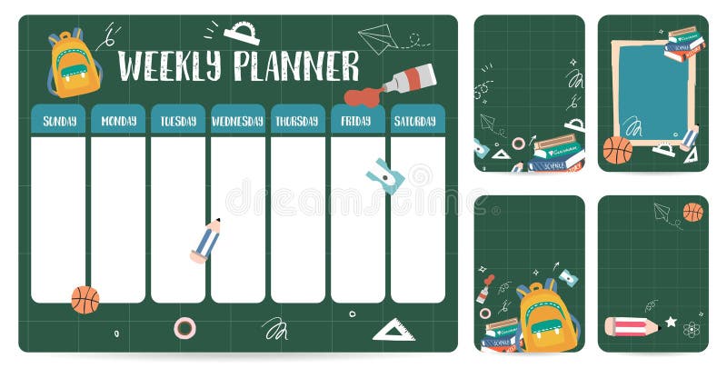 Cute Weekly Planner Background with School. Vector Illustration for Kid ...