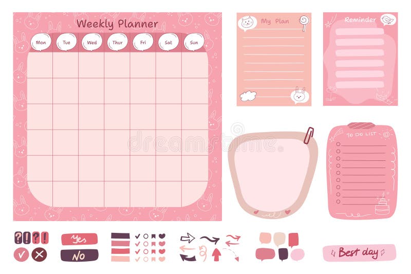 Cute Weekly Planner with Bunny Pattern, To Do List and Reminder Notes ...
