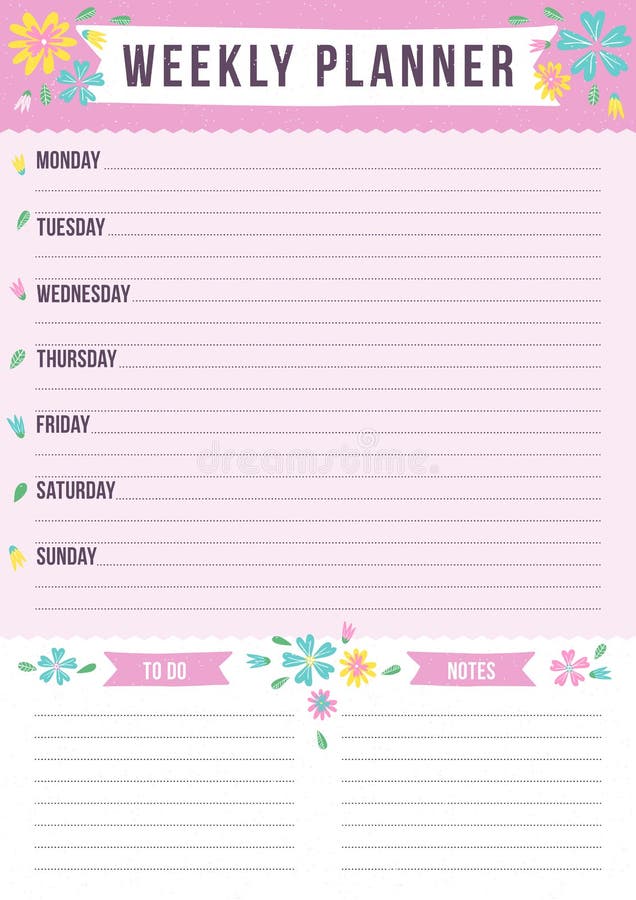 Cute Weekly Planner with Drawn Flower. Stock Vector - Illustration of ...