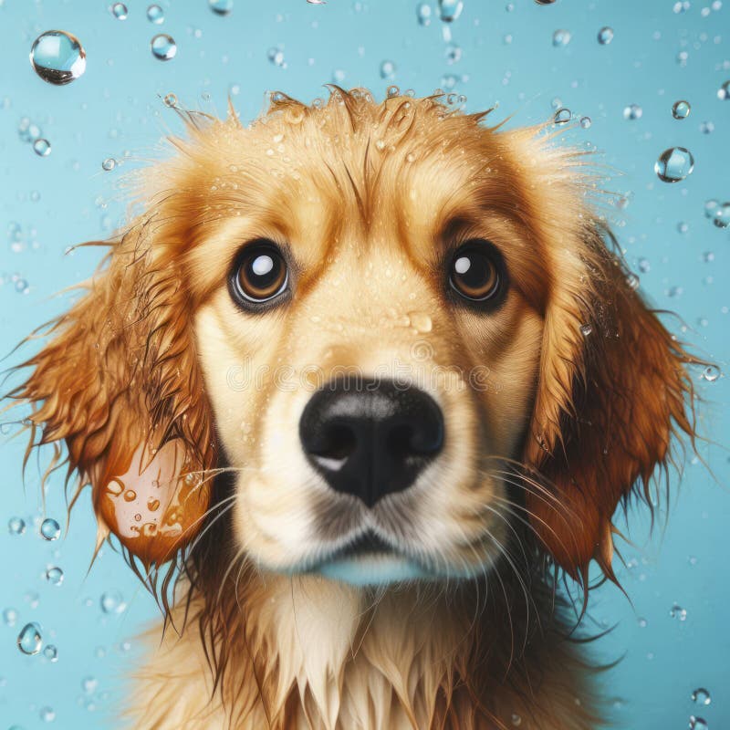 Cute Wet Dog with Water Drops Around Looks Surprised on Solid Blue ...