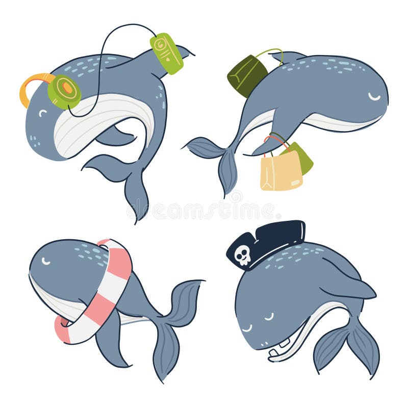 Cute Whale Cartoon Characters . Hand Drawn Style . White Isolate ...