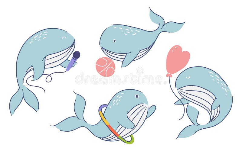 Cute Whale Cartoon Characters . Hand Drawn Style . White Isolate ...