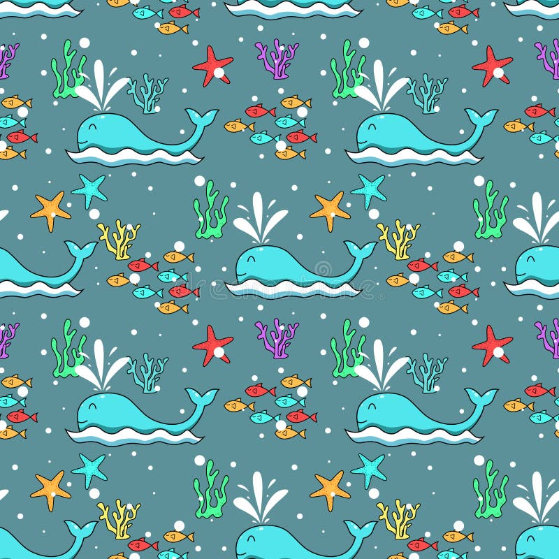 Cute Whales and Fish Ocean Themed Seamless Pattern Stock Vector ...