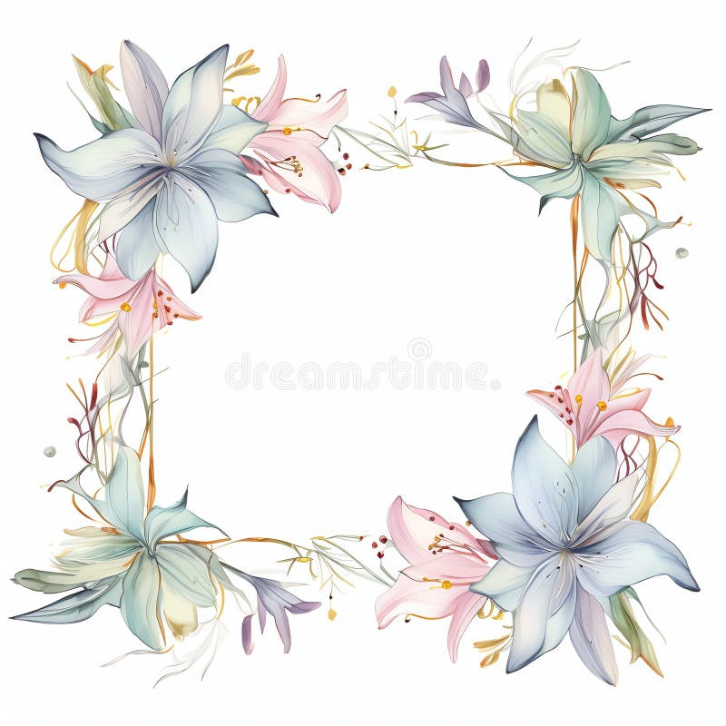 Cute Whimsical Lily Border Floral Frame Watercolor Stock Illustration ...