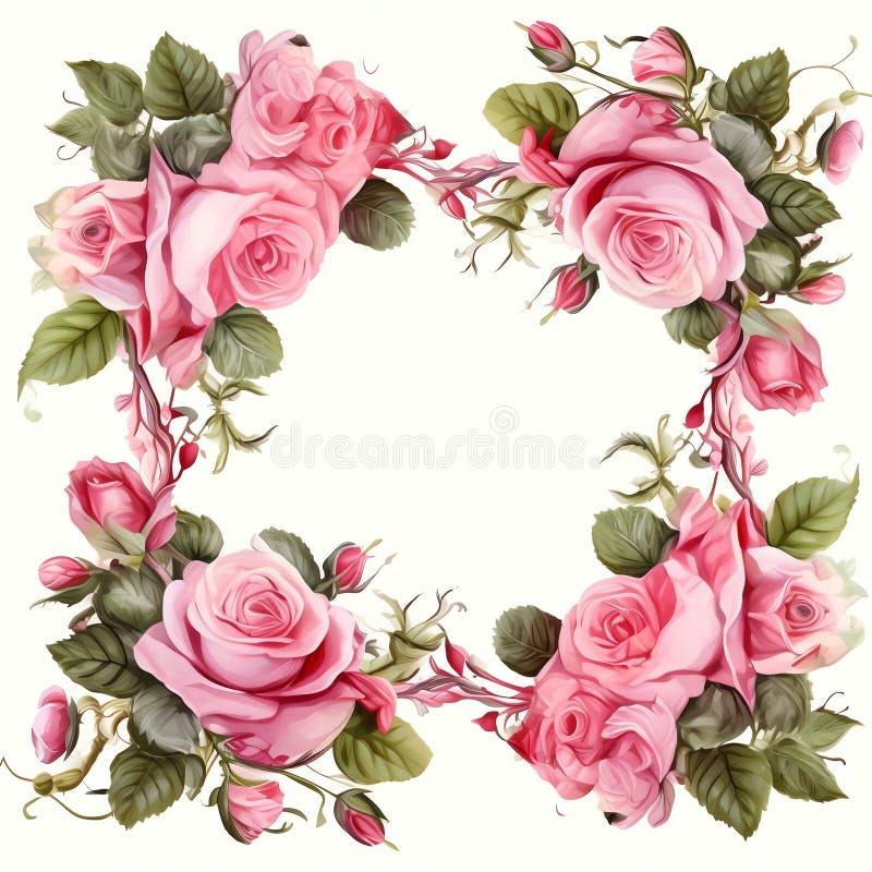 Cute Whimsical Roses Floral Frame Watercolor Stock Illustration ...