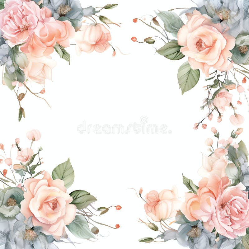 Cute Whimsical Roses Floral Frame Watercolor Stock Illustration ...