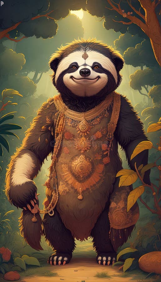 Cute and Whimsical Sloth Bear in the Forest Tree Illustration ...