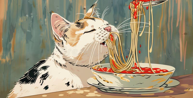 Cute White with Brown Spots Cat Eating Spaghetti. Design Poster for ...