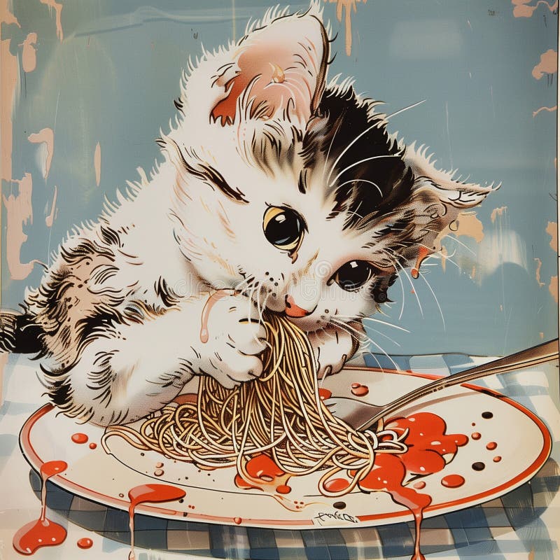 Cute White with Brown Spots Cat Eating Sushi and Maki Roll. Asian Style ...