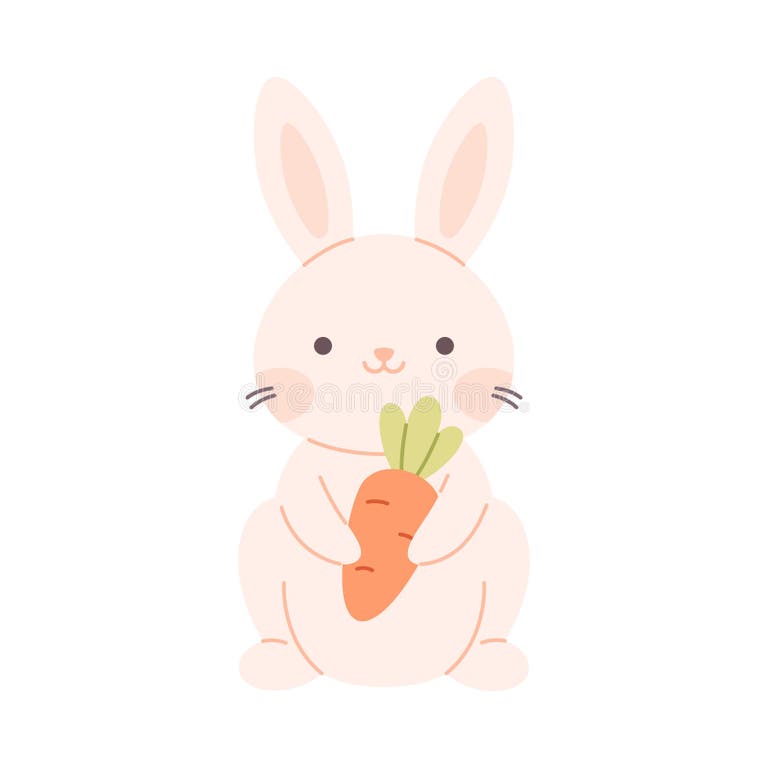 Cute White Bunny with Carrot. Easter and Spring Character. Vector ...