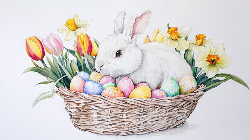 Cute White Bunny Wicker Basket Pastel Flowers Spring Animal ...