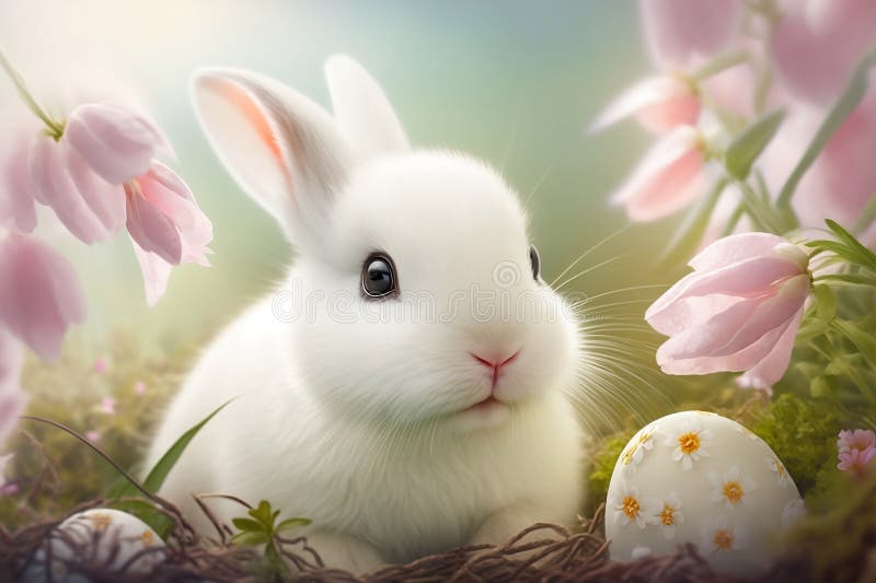 Cute White Bunny with Easter Egg in the Spring Flowers Background ...