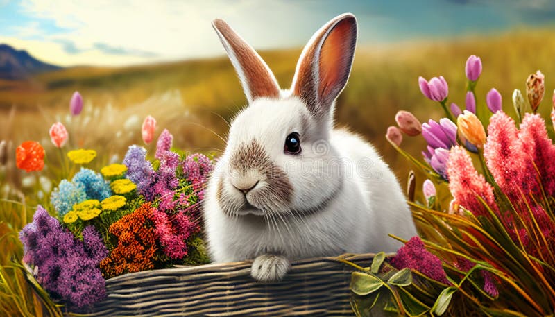 Cute White Bunny and Easter Eggs in the Meadow, AI-generated Image ...