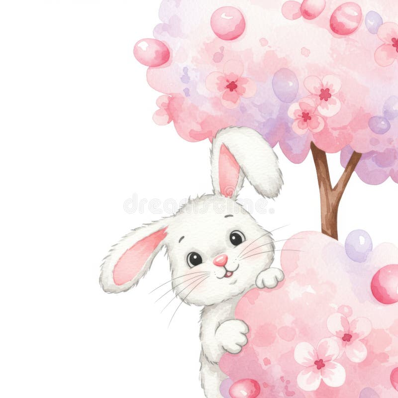 Cute White Bunny Hiding Behind Pink Flower Tree Stock Illustration ...