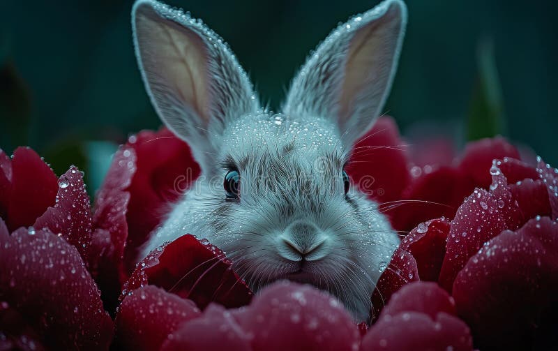 A Cute White Bunny Rabbit Sitting among Red Tulips with Water Drops ...